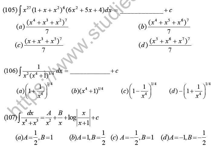 JEE Mathematics Indefinite Integrals MCQs Set C with Answers